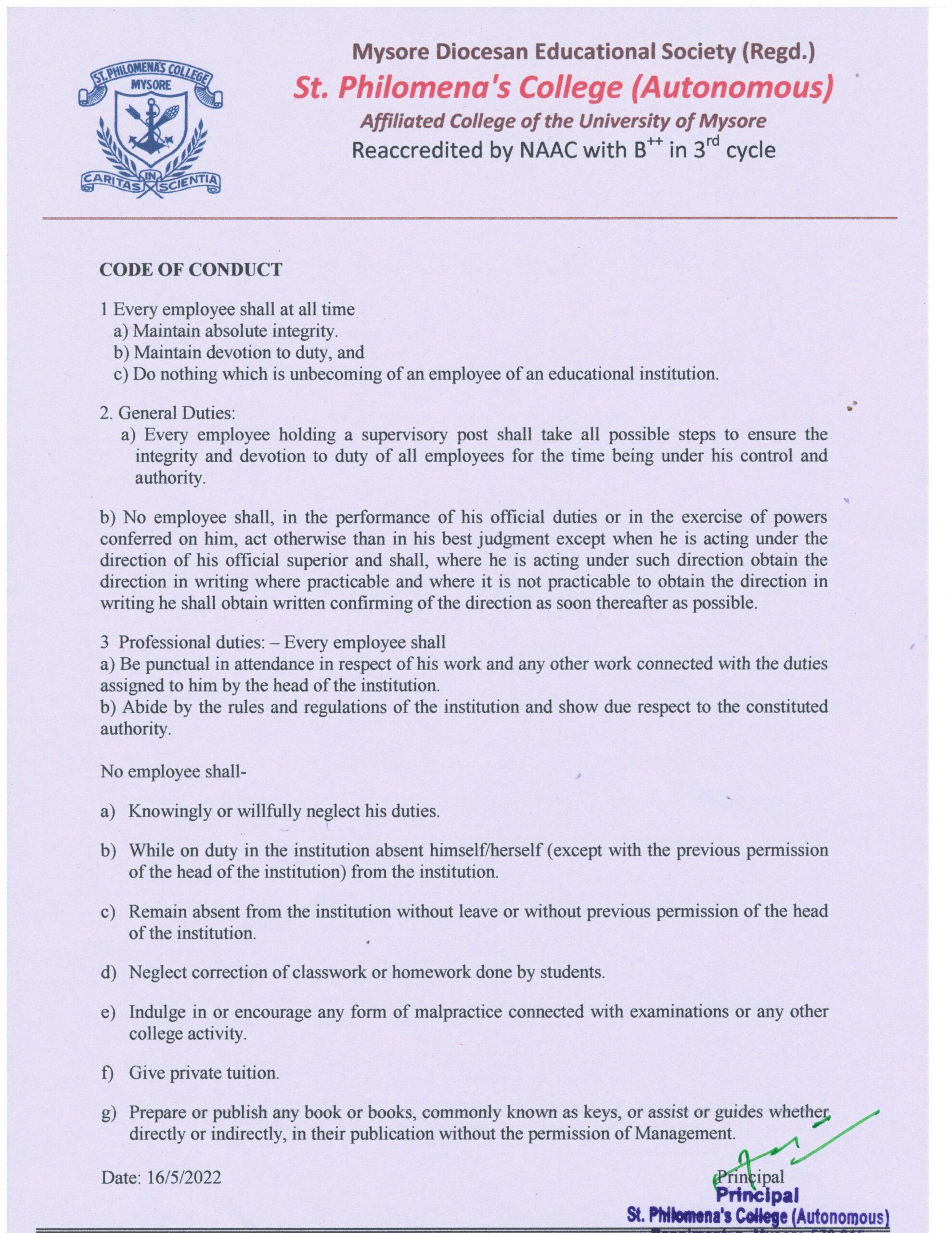 CODE OF CONDUCT & ETHICS – St. Philomenas College (Autonomous)