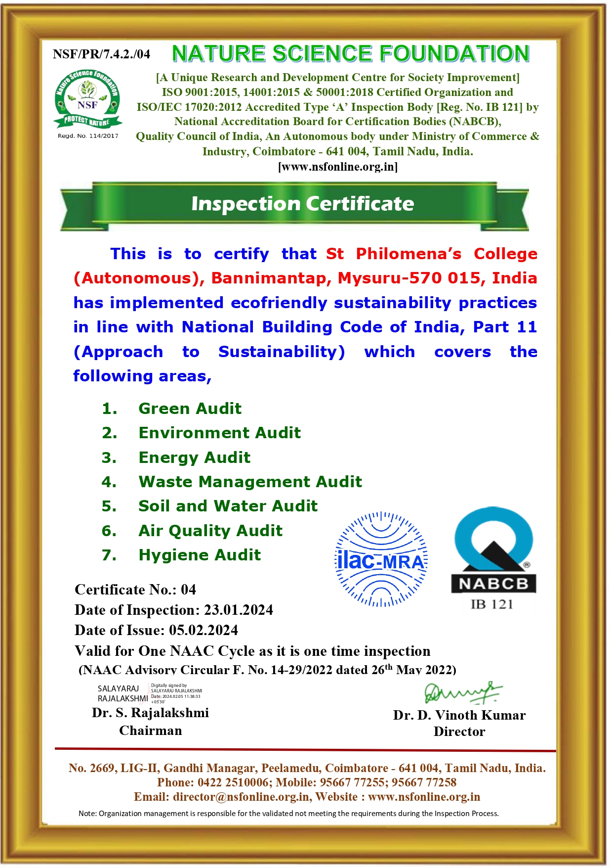 GREEN AUDIT CERTIFICATE ISO-17020 – St. Philomenas College (Autonomous)