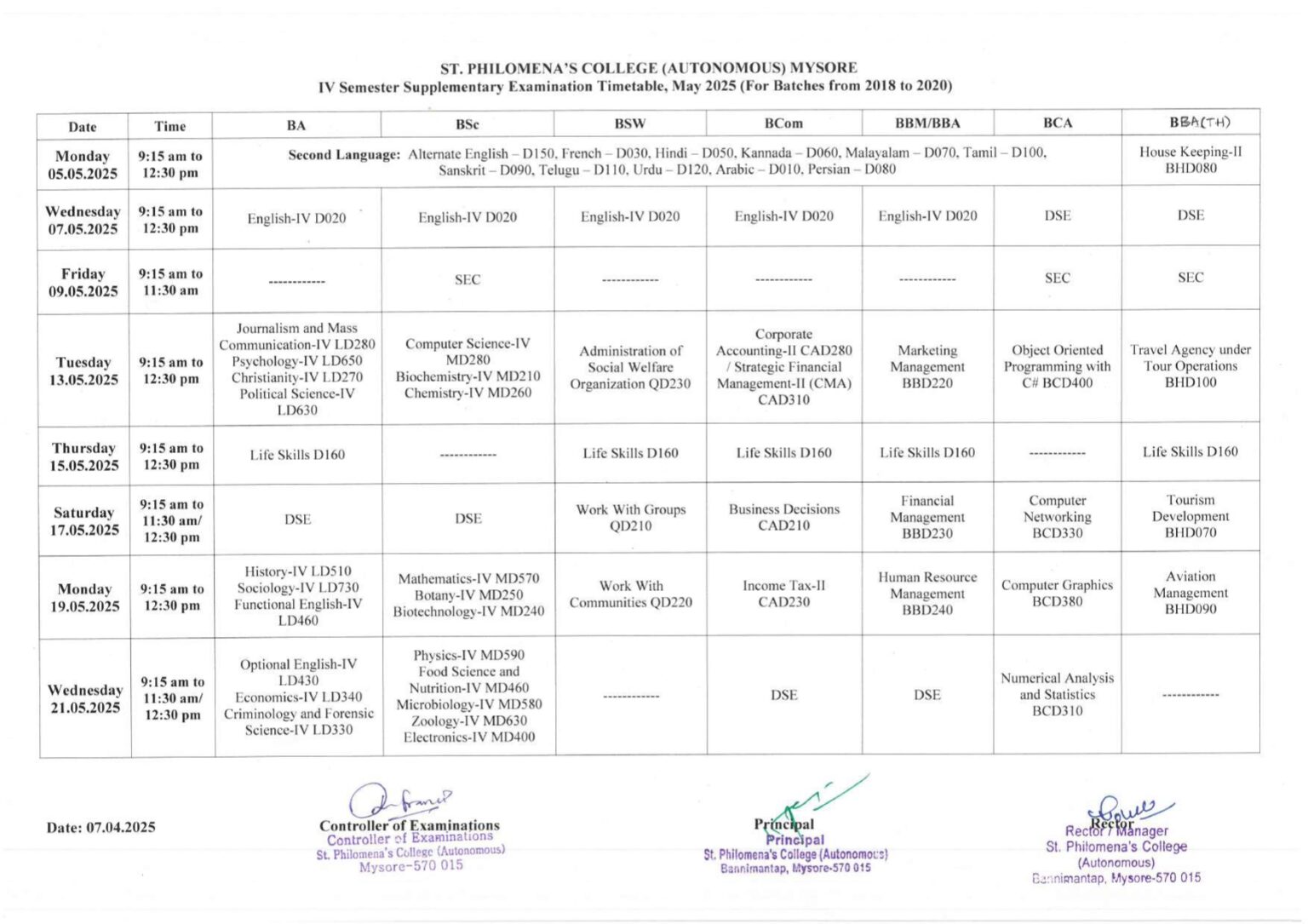 Regular/Supplementary Examination Time Table- 2025 – St. Philomenas ...