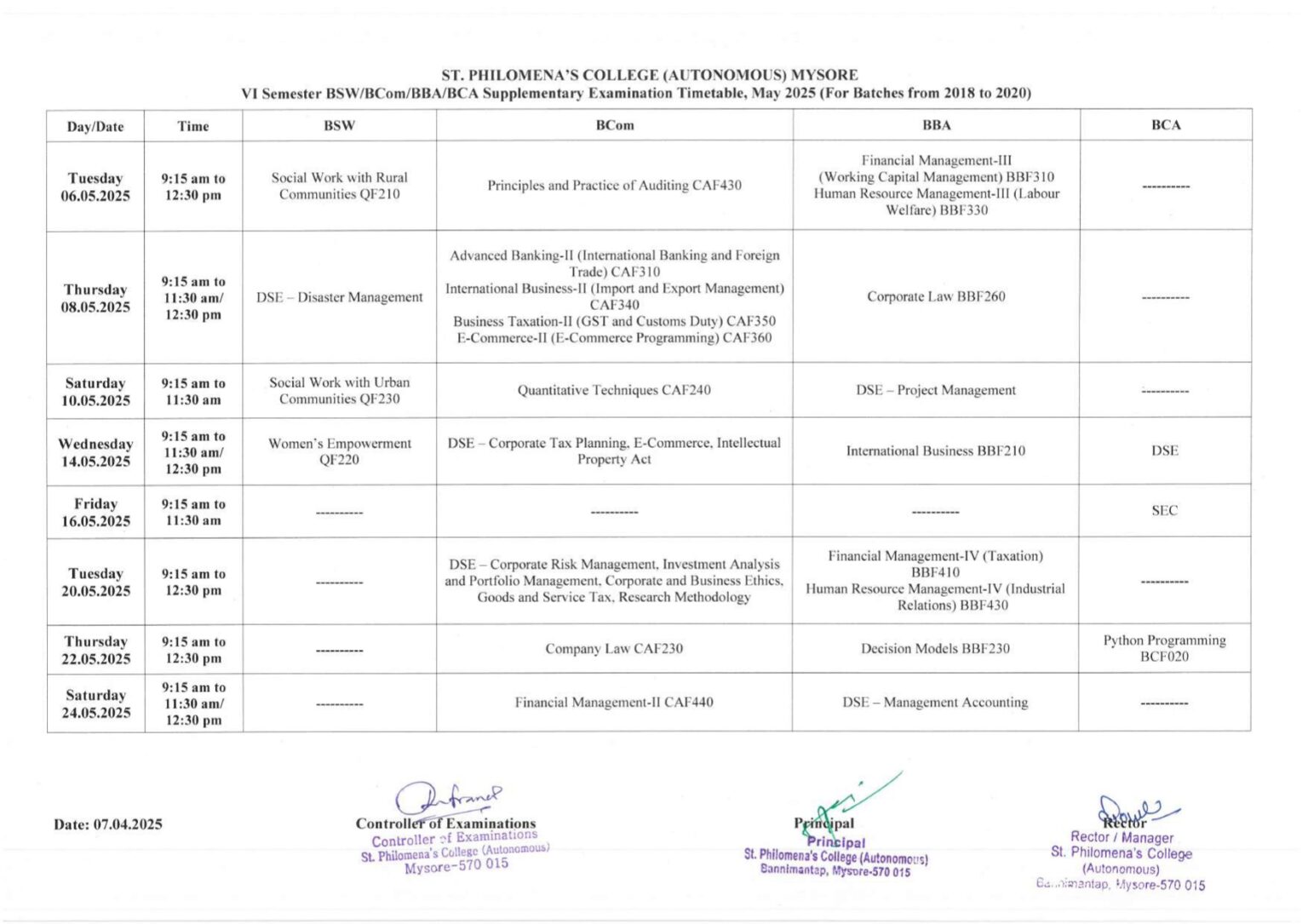 Regular/Supplementary Examination Time Table- 2025 – St. Philomenas ...