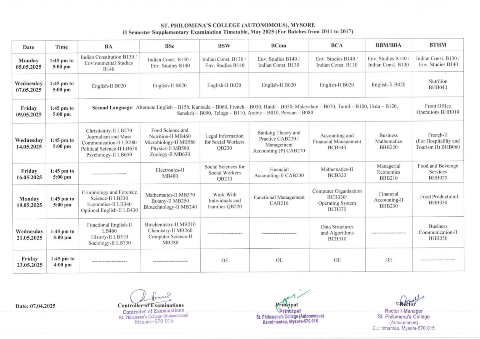 Regular/Supplementary Examination Time Table- 2025 – St. Philomenas ...