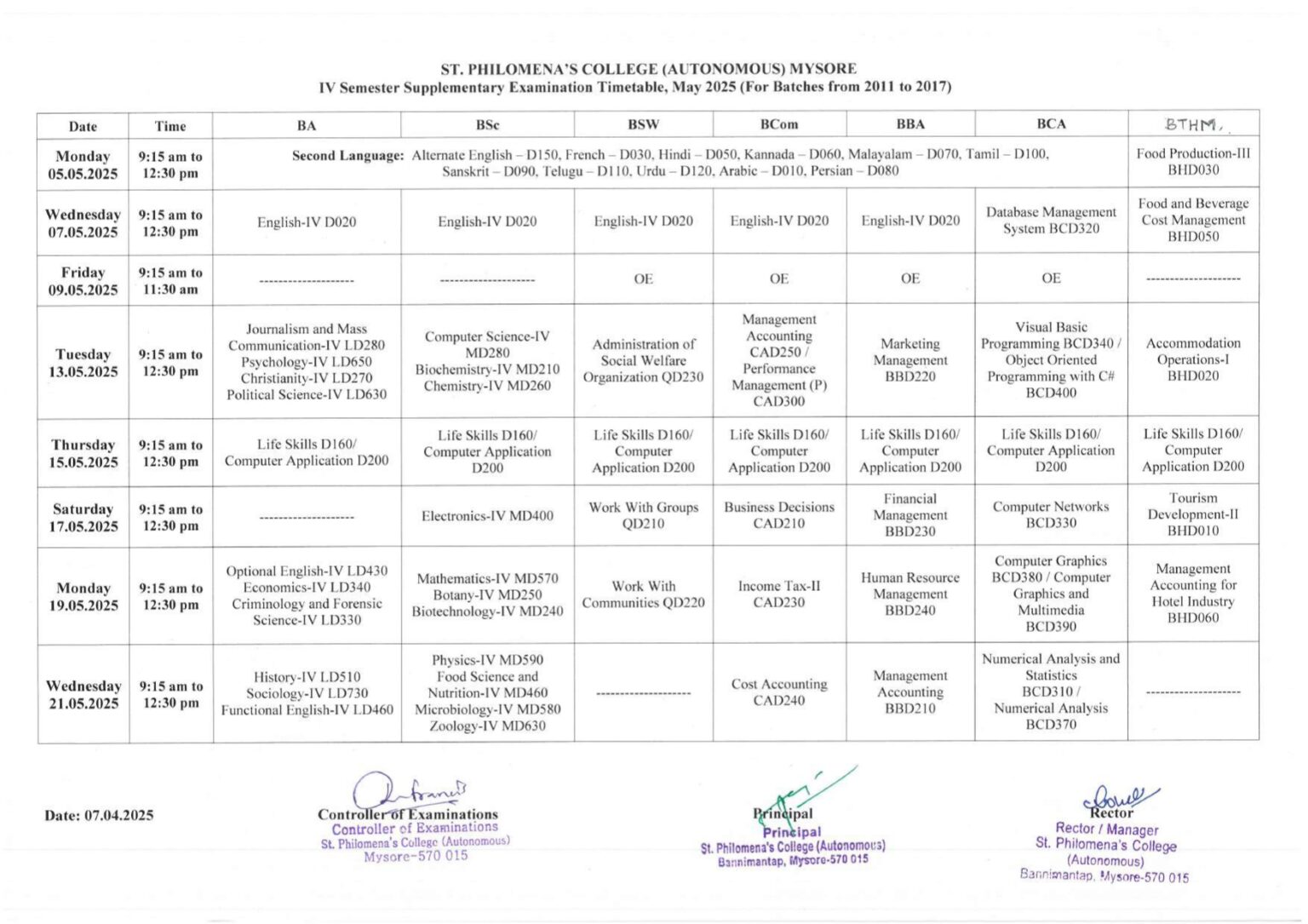 Regular/Supplementary Examination Time Table- 2025 – St. Philomenas ...